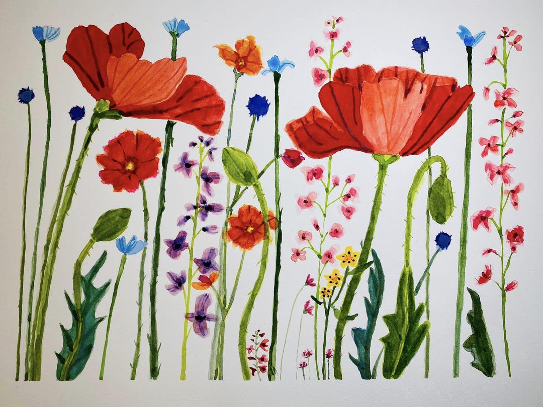 Watercolor Painting of Poppy Doodle Flowers Painted on Arches Hot Press ...