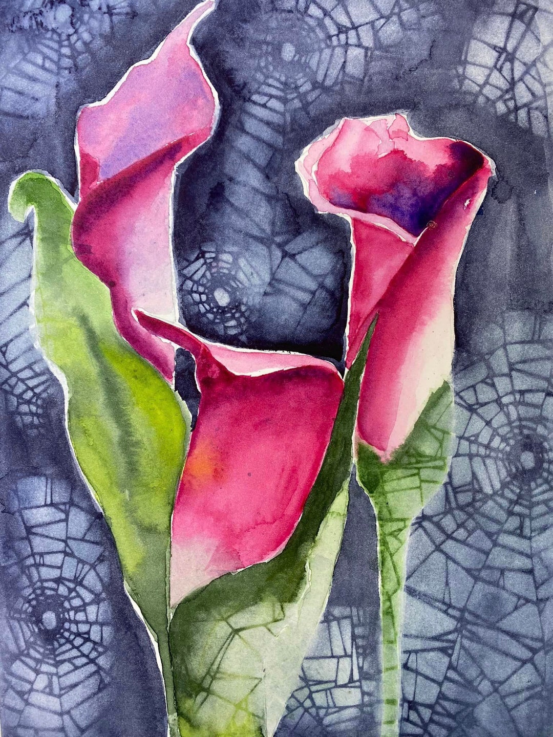 Watercolor Pink Calla Lilies With Cobwebs in Indigo Blue Background on ...