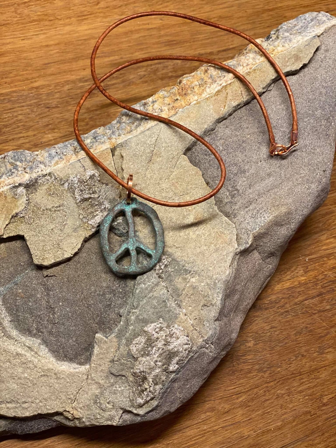 Copper Verdigris Peace Sign Pendant on Light Brown 20 Inch Cord With ...