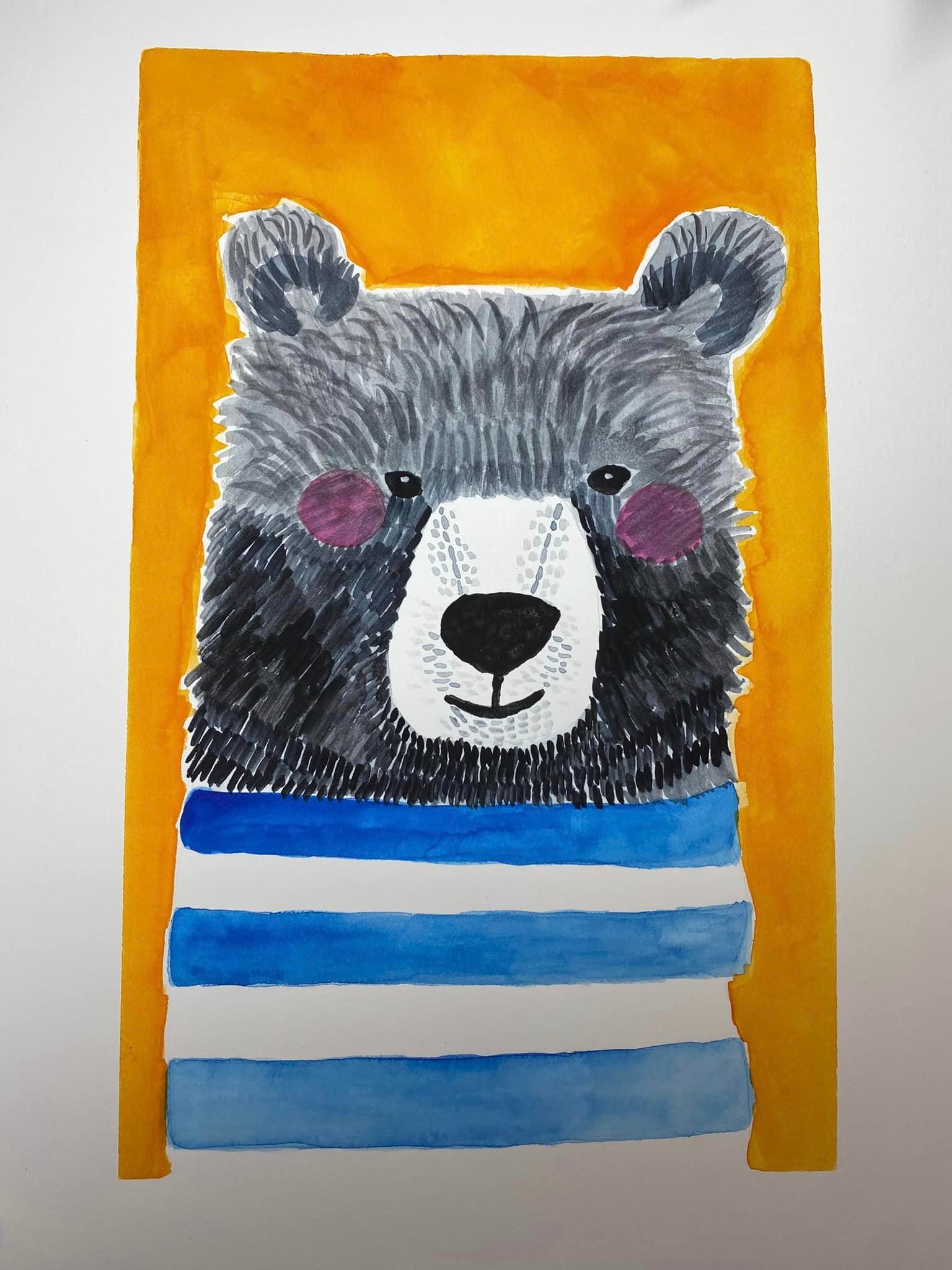 Watercolor Painting of Bear in Blue Striped Shirt on Arches Hot Press ...