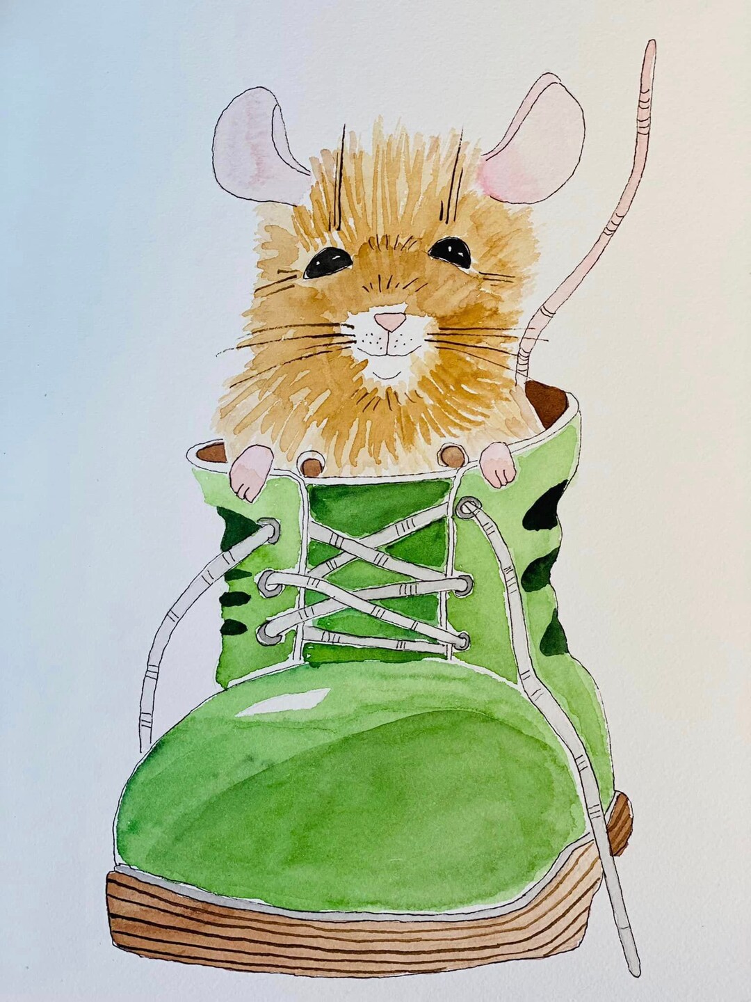 Watercolor Painting of Mouse in Green Boot on Arches Cold Press ...