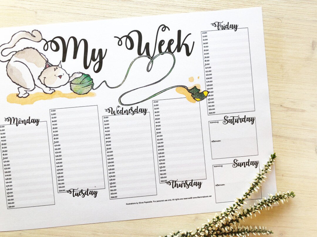 Printable Weekly Planner With Cat. INSTANT DOWNLOAD A4 Page in PDF ...
