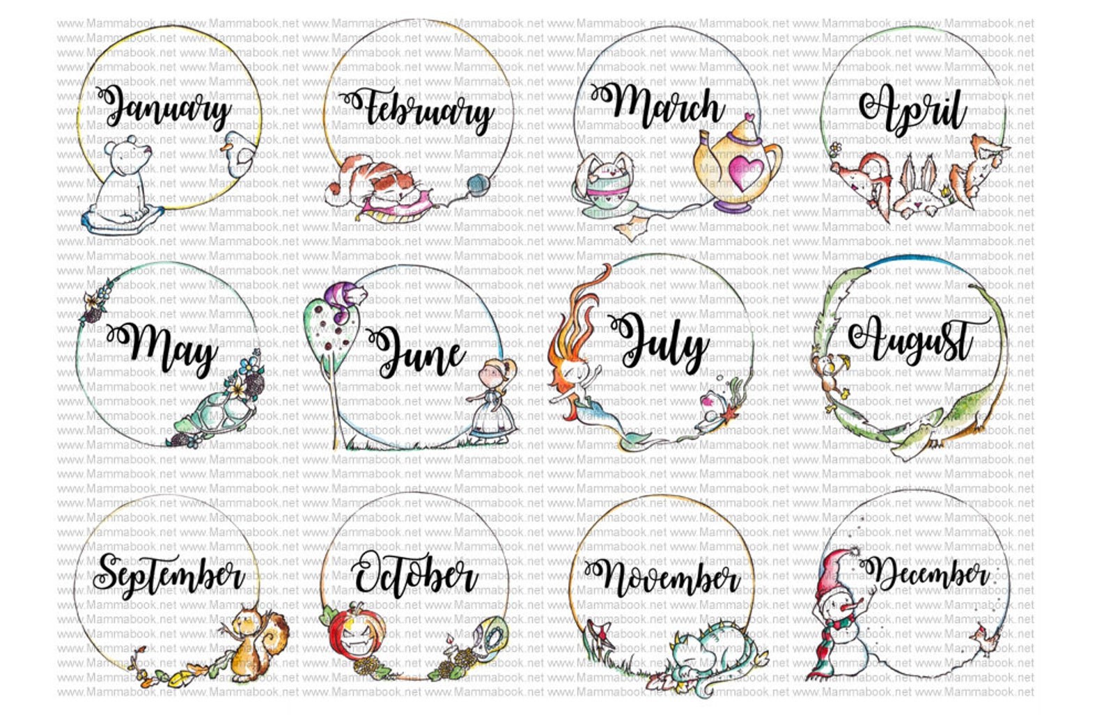 Twelve Months Labels PDF. Original Mammabook Illustrations. Big Size ...
