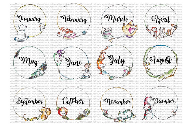 Twelve Months Labels PDF. Original Mammabook Illustrations. Big Size ...