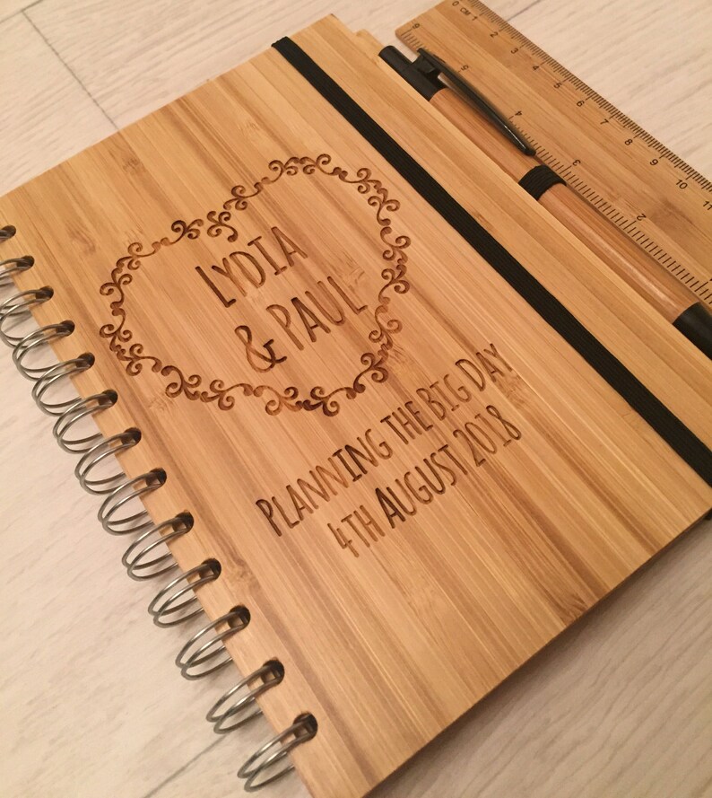 Personalised engraved bamboo wedding planner notebook pen and | Etsy