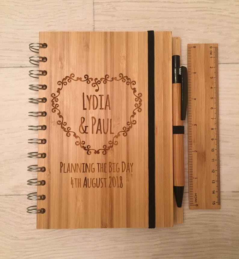 Personalised engraved bamboo wedding planner notebook pen and | Etsy