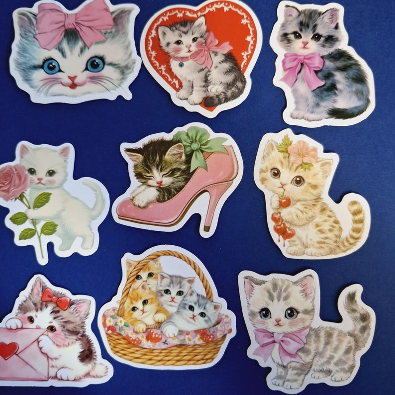 12 Assorted Cute Cat/kitten Vintage Style Repositionable Vinyl Stickers ...