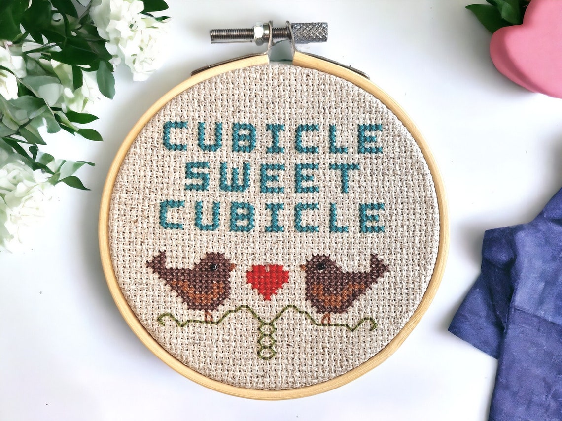 Cubicle Sweet Cubicle Cross Stitch Wall Hanging, Finished Embroidery ...