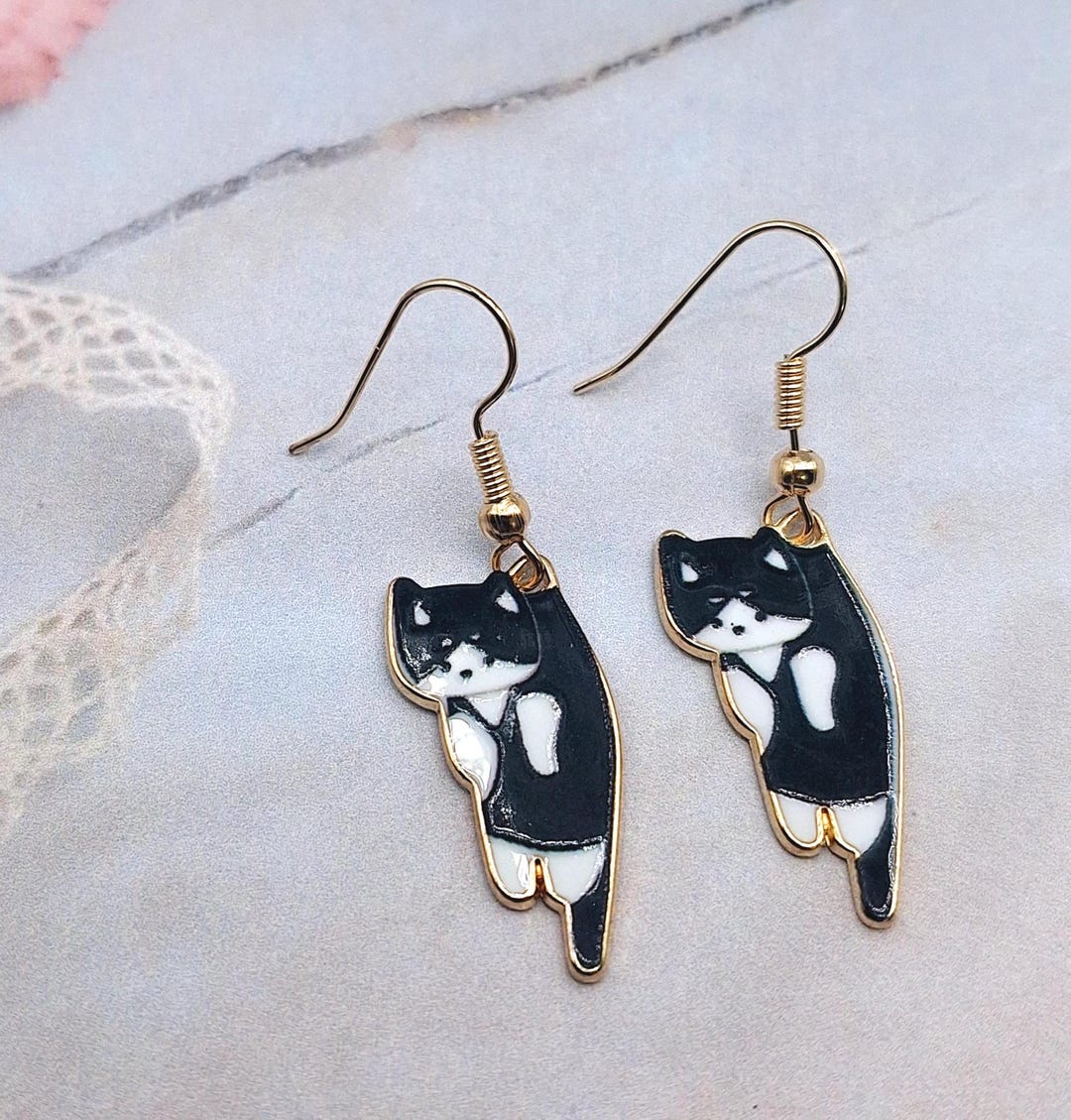 Black and White Kitten Cat Hanging From Scruff of Neck Earrings Your ...