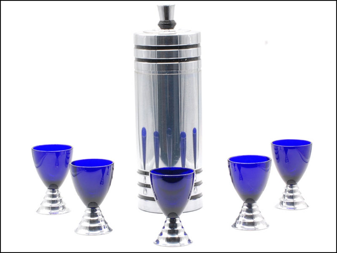 Antique Chase Gaiety Chrome Cocktail Shaker with Cobalt Glasses - Etsy 日本