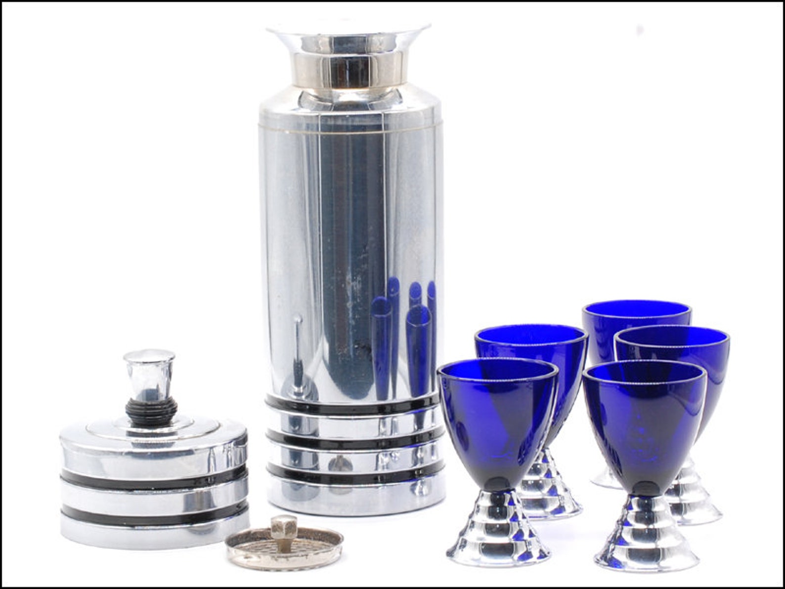 Antique Chase Gaiety Chrome Cocktail Shaker with Cobalt Glasses - Etsy 日本