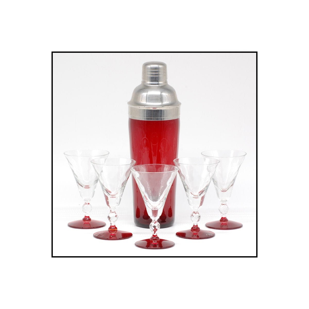 Vintage Art Deco Ruby Red Cocktail Shaker Set, Diamond Optic Cordials ...