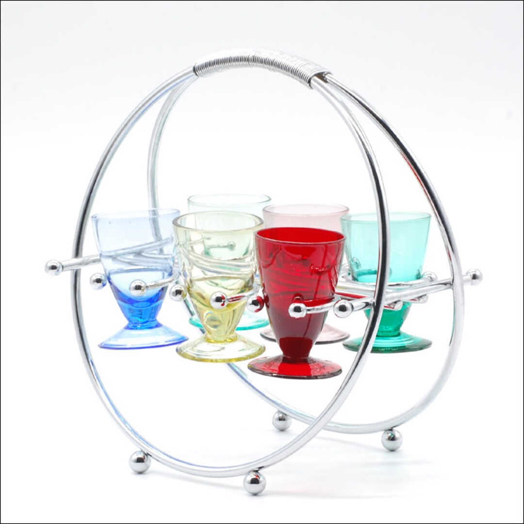Vintage 1960s 7 Piece, Multicolored Shot Glass Set in an Atomic Orbital ...