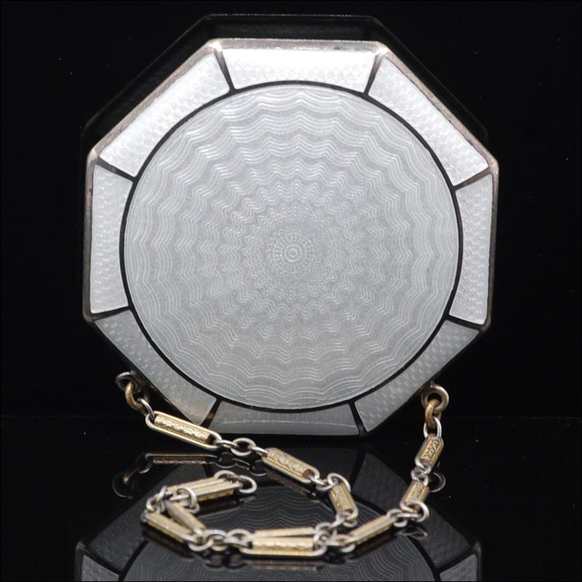 Antique White Octagon Shape Guilloche Enamel Powder and Rouge Compact ...