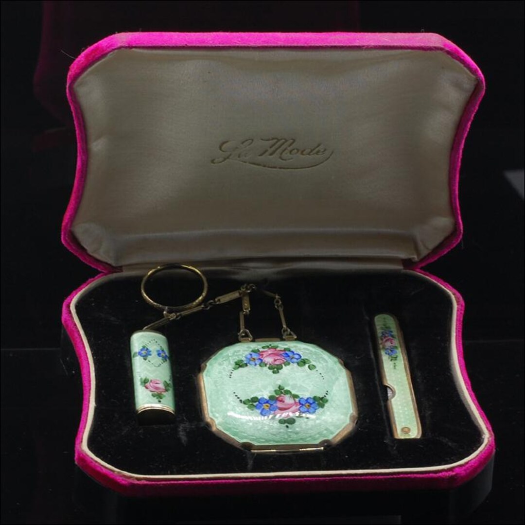Rare Antique, Lamode Green Guilloche Enamel Tango Compact With Attached ...