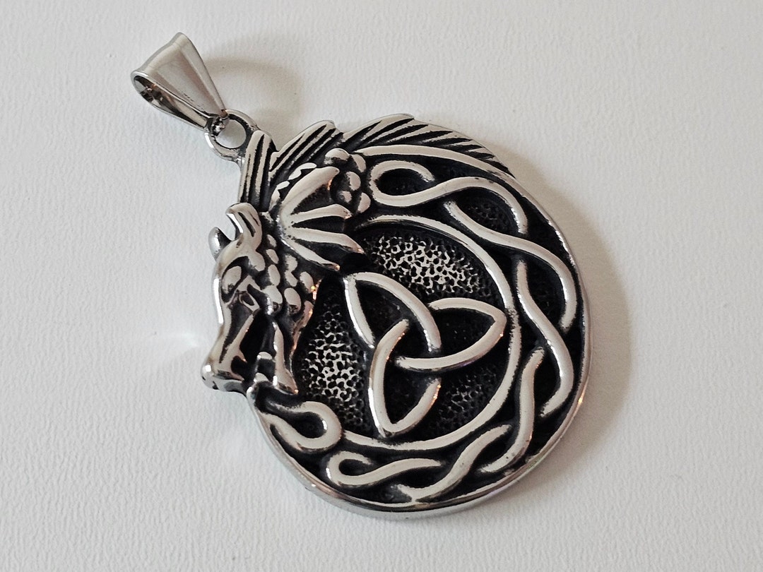 1 Stainless Steel Dragon Pendant, Trinity Knot & Dragon, Antique Silver ...