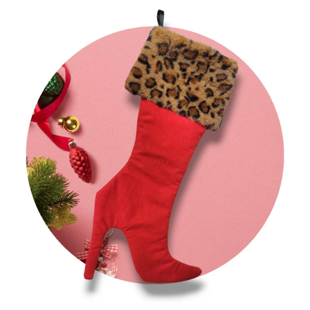 Christmas Stocking, Stiletto Stocking With Fur Cuff, Leopard Christmas ...