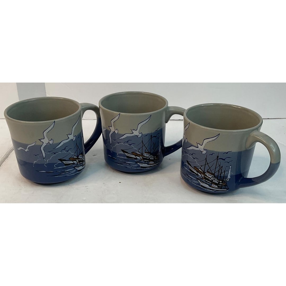 Set of 3 Vintage Ceramic Coffee Mugs With Nautical Boat & Seagull ...