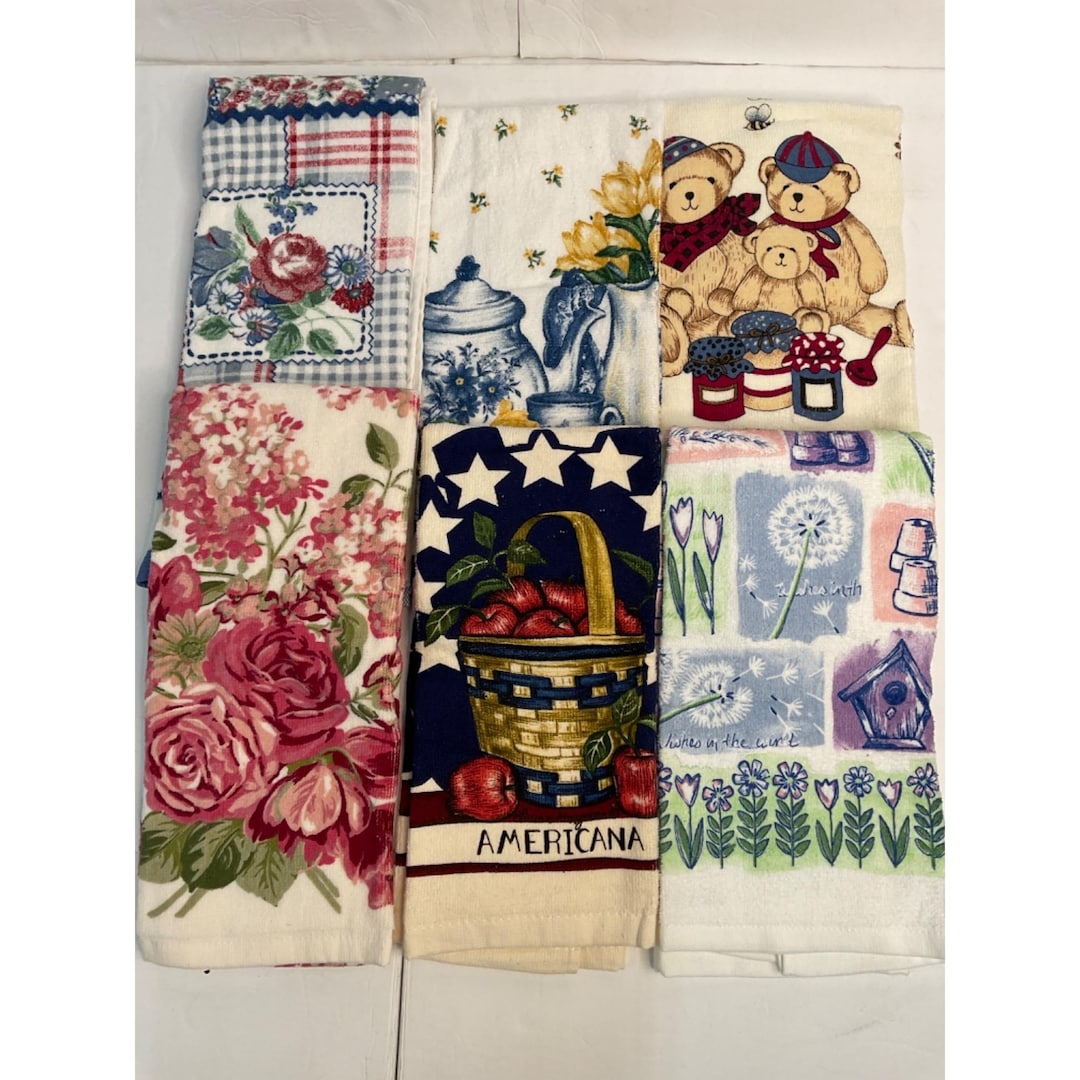 Decorative Cotton Kitchen Towels Set of 6 With Various Printed Designs ...