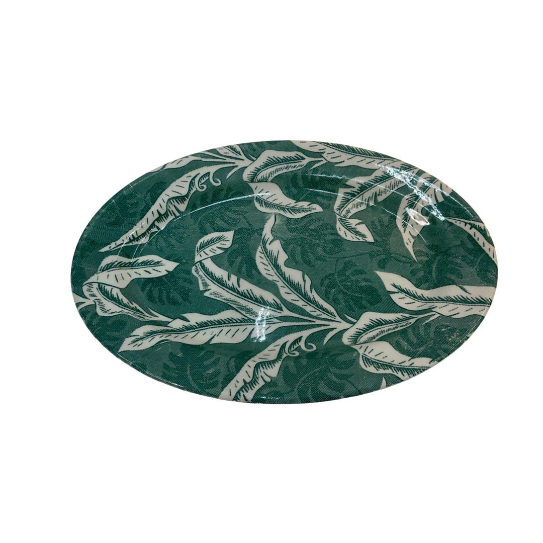 Green & White Banana Leaf Pattern Oval Ceramic Platter 13""x9" Tepco ...