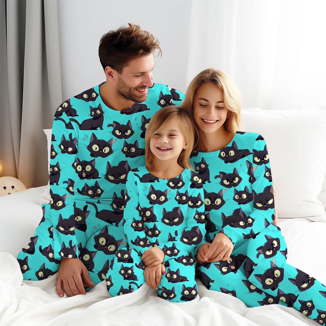 Cute Black Cat Pajamas Family Long Sleeve Pajamas Anime Pajamas Set ...
