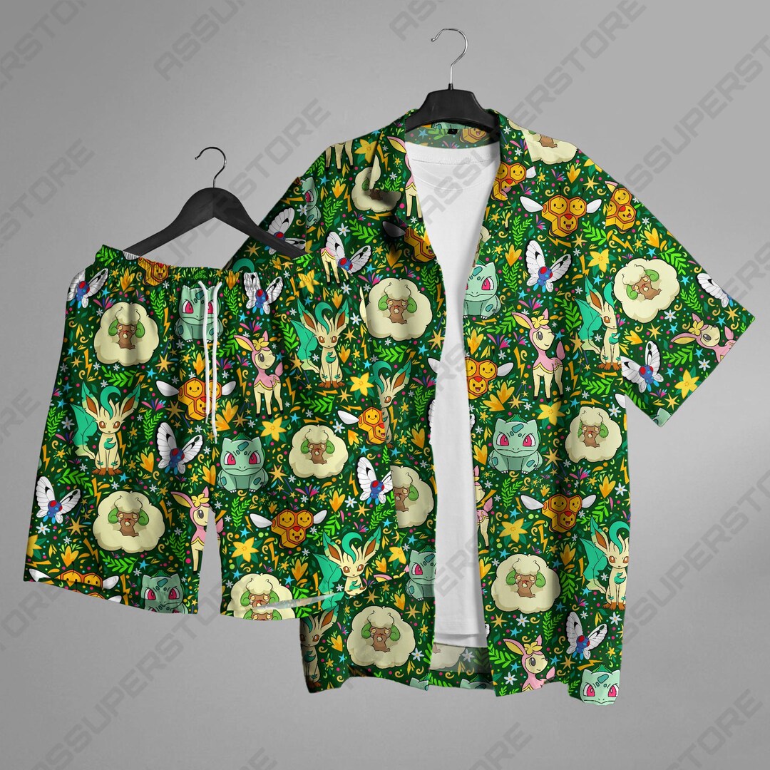 Bulbasaur Leafeon Hawaiian Shirt Tropical Button up Shirt Cute Green ...