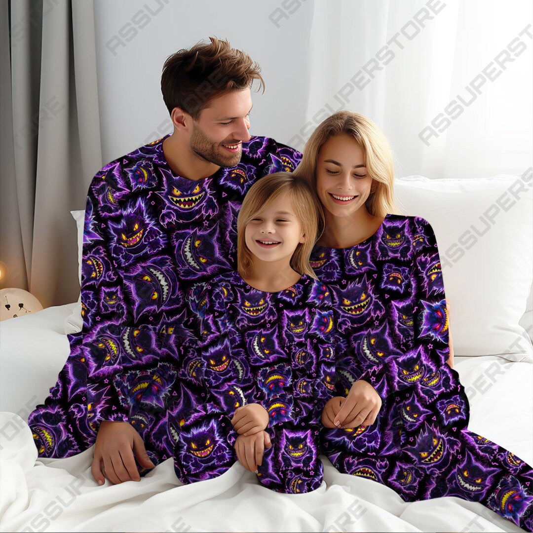 Ghost Gengar Pajamas Cute Gengar Neon Family Pajamas Japanese Anime ...