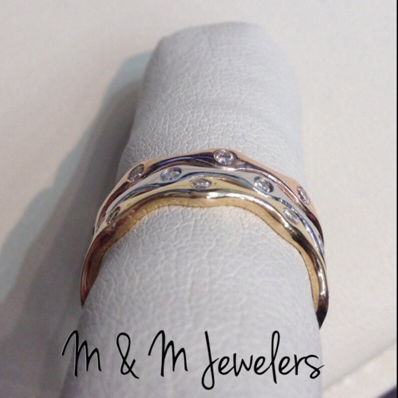 14K Rose White and Yellow Gold Burnish Set Diamond Stacking - Etsy