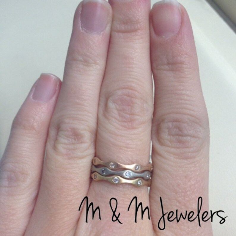 14K Rose White and Yellow Gold Burnish Set Diamond Stacking - Etsy