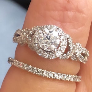 14K White Gold Diamond Halo Engagement/promise Ring and Wedding Band ...