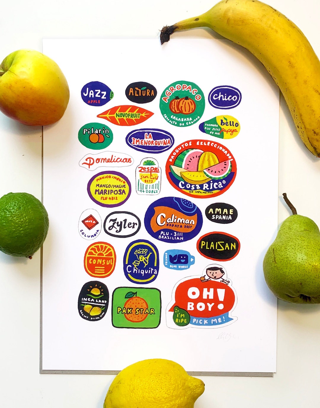 Fruit Stickers Print A4 Fruit Labels Wall Art Food Packaging Wall Art ...