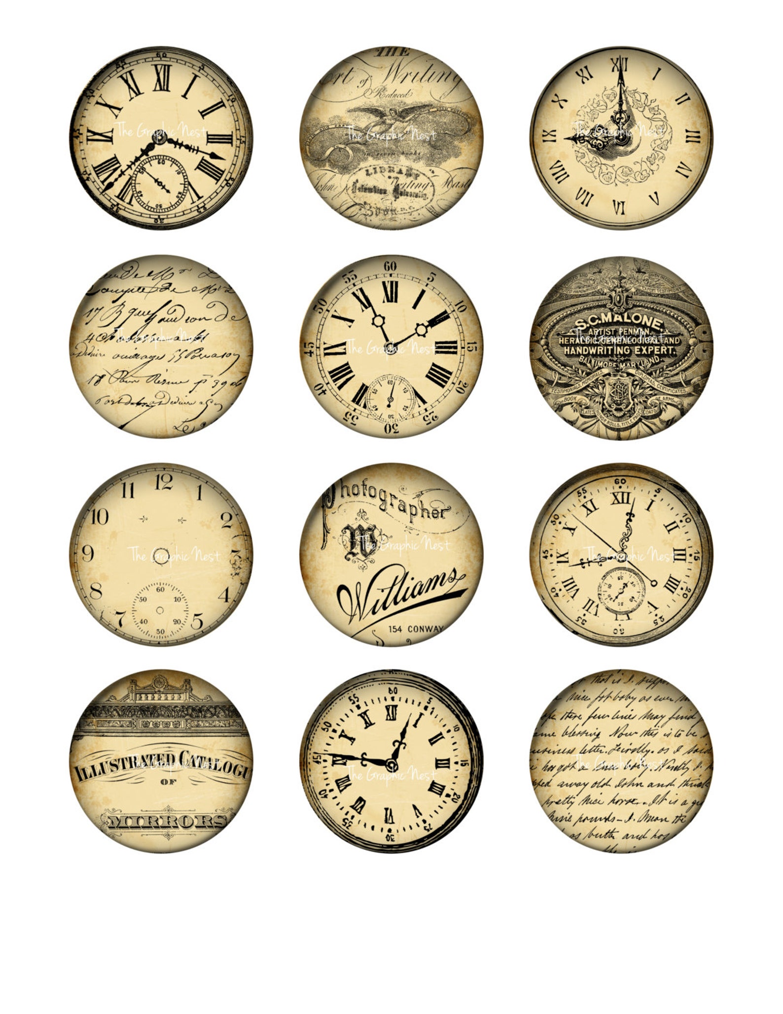 2x2 Inch Circles With Clocks and Type. Digital File. Digital Download ...