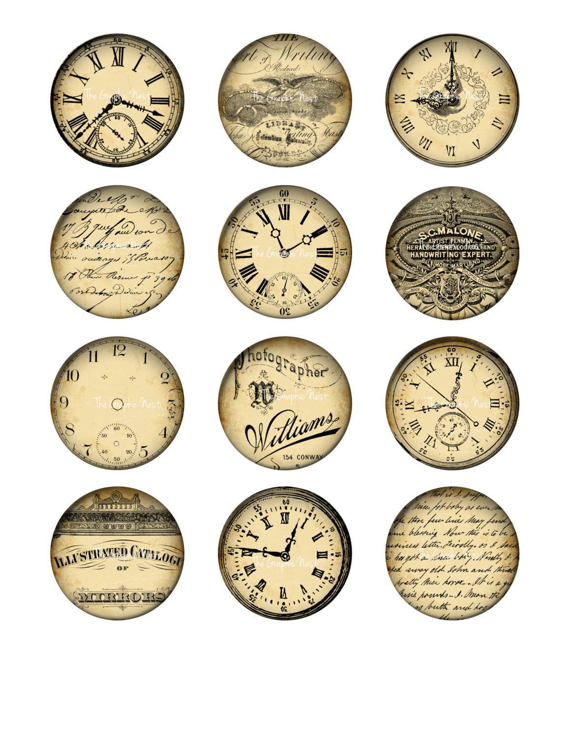 2x2 Inch Circles With Clocks and Type. Digital File. Digital Download ...