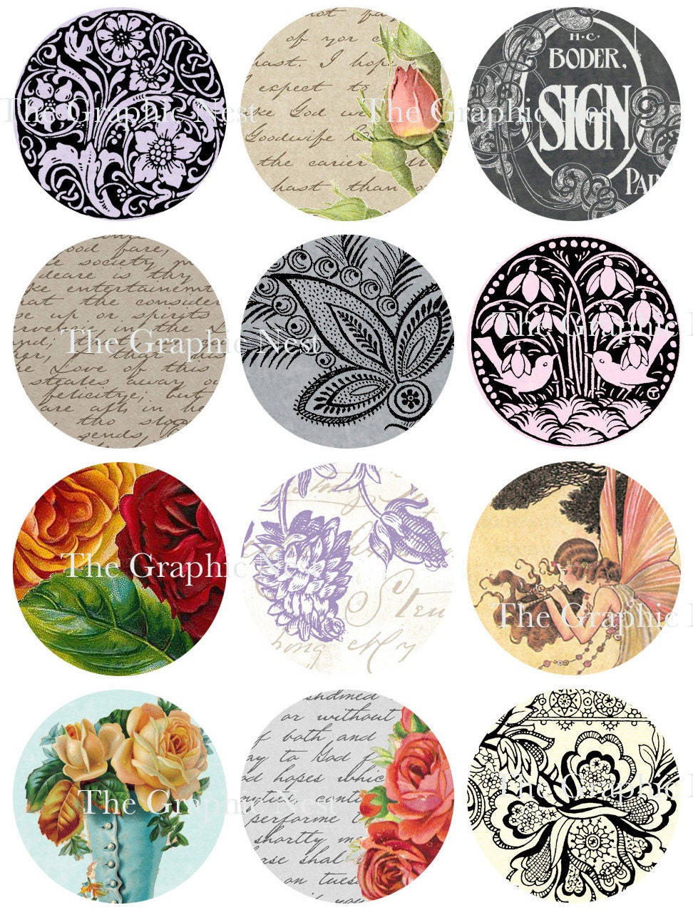 1x1 (inch) Shabby Chic Circles. Digital Download - Etsy