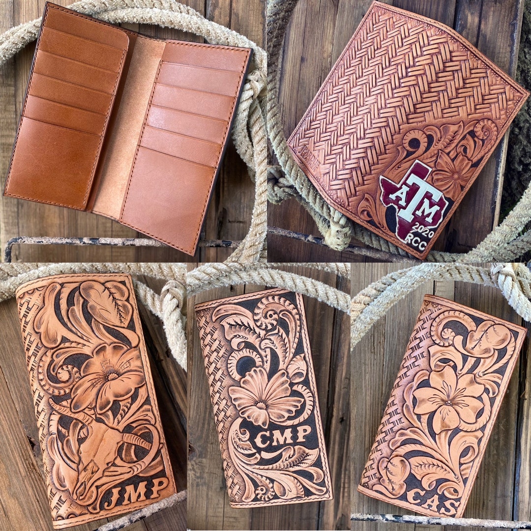 Custom Tooled Leather Roper Wallet, Checkbook Wallet - Etsy