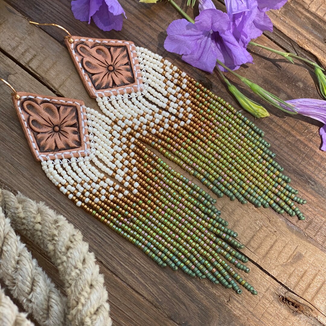 Green Bronze and Beige Tooled Leather and Bead Fringe - Etsy