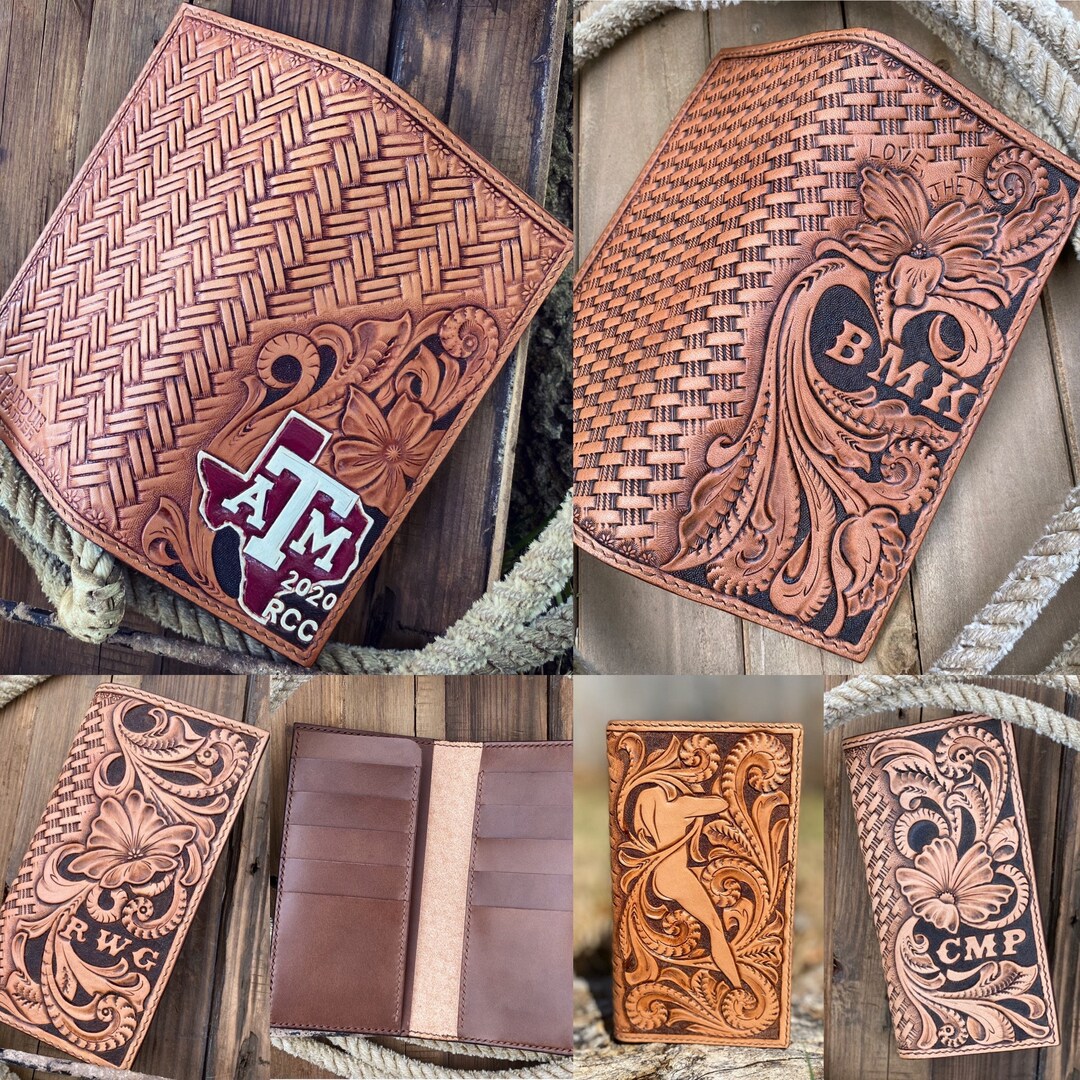 Custom Tooled Leather Roper Wallet Checkbook Wallet - Etsy