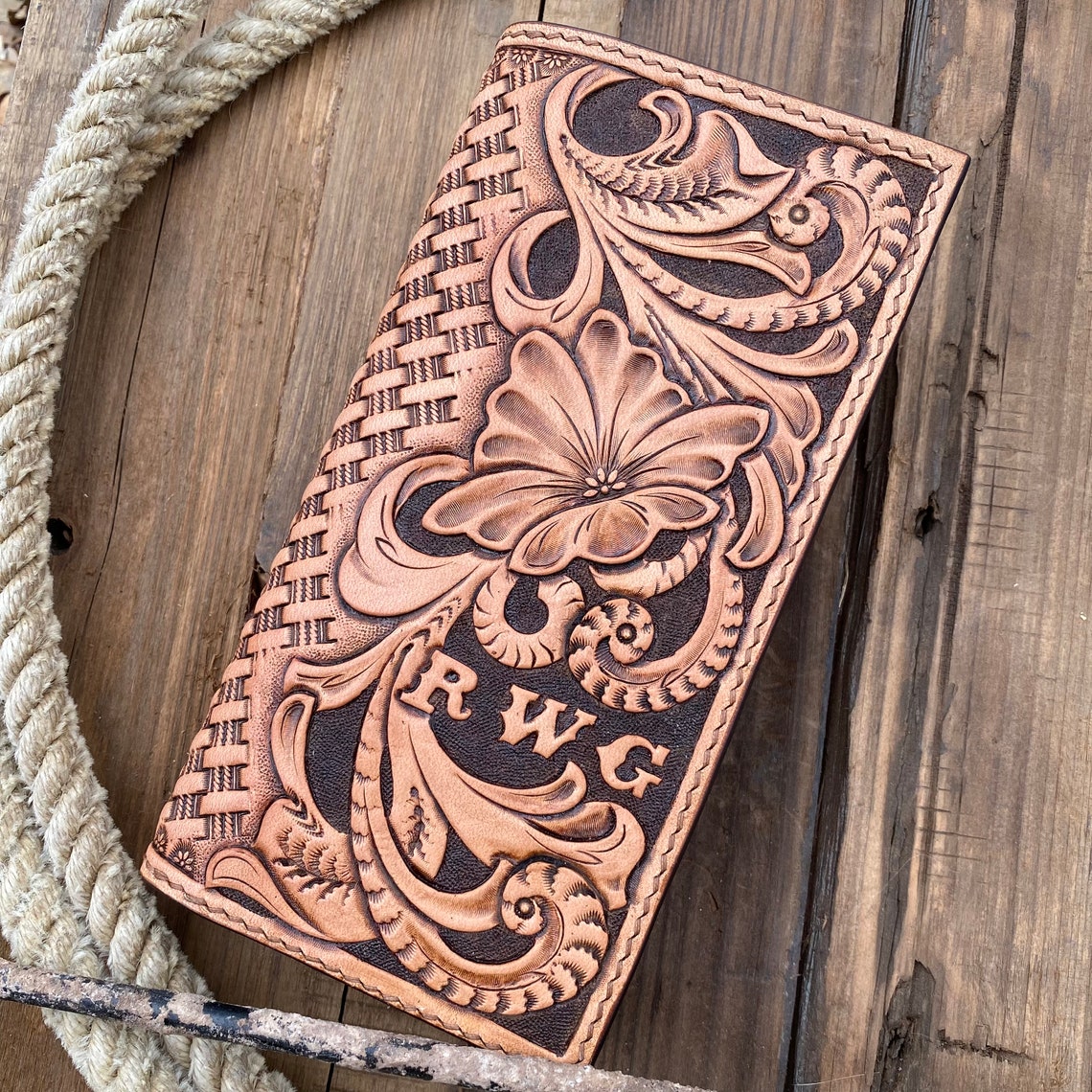Custom Tooled Leather Roper Wallet Checkbook Wallet - Etsy