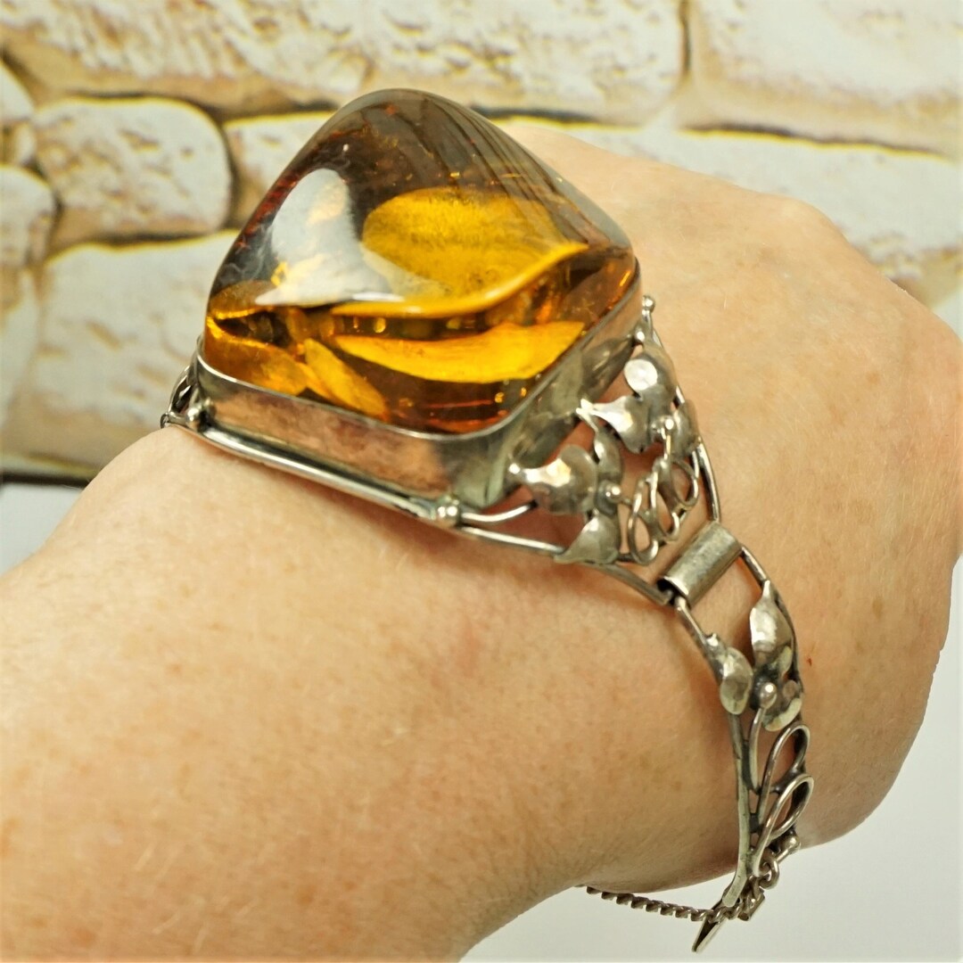 IRREGULAR AMBER Silver BRACELET, Openwork Floral Design Bangle 6.5 ...