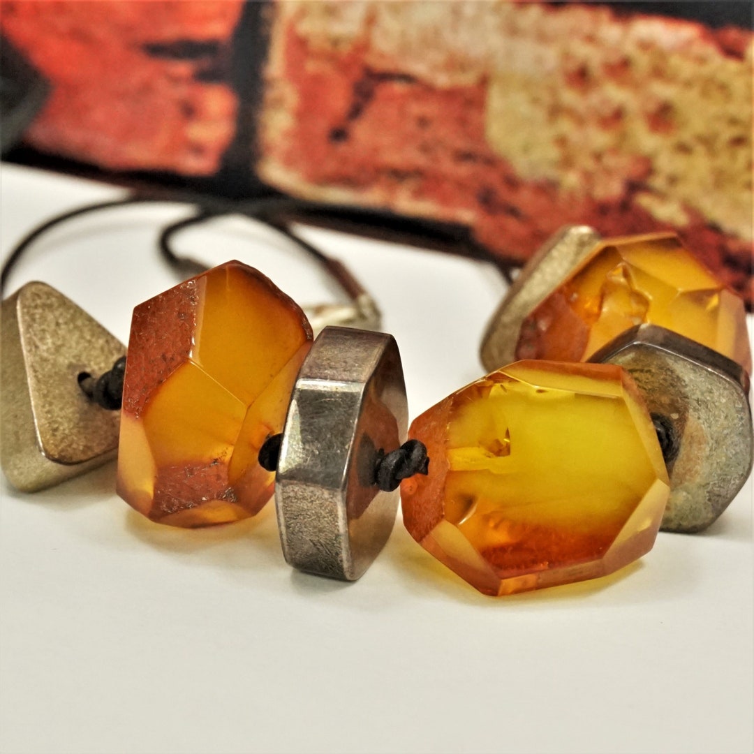 RAW AMBER Silver Necklace With Huge Freeform Stones and Heavy Silver ...