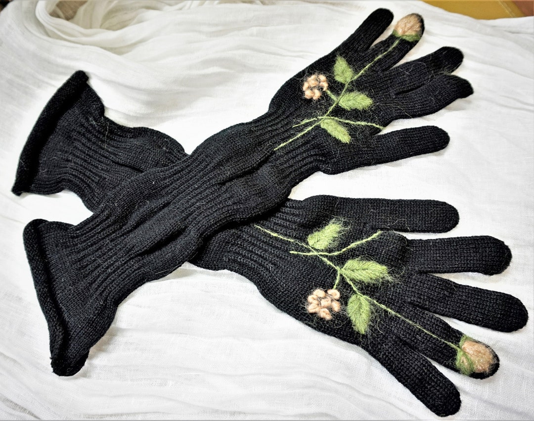 KNITTED LONG GLOVES, Elbow Gloves, Merino Wool Gloves, Black Gloves ...