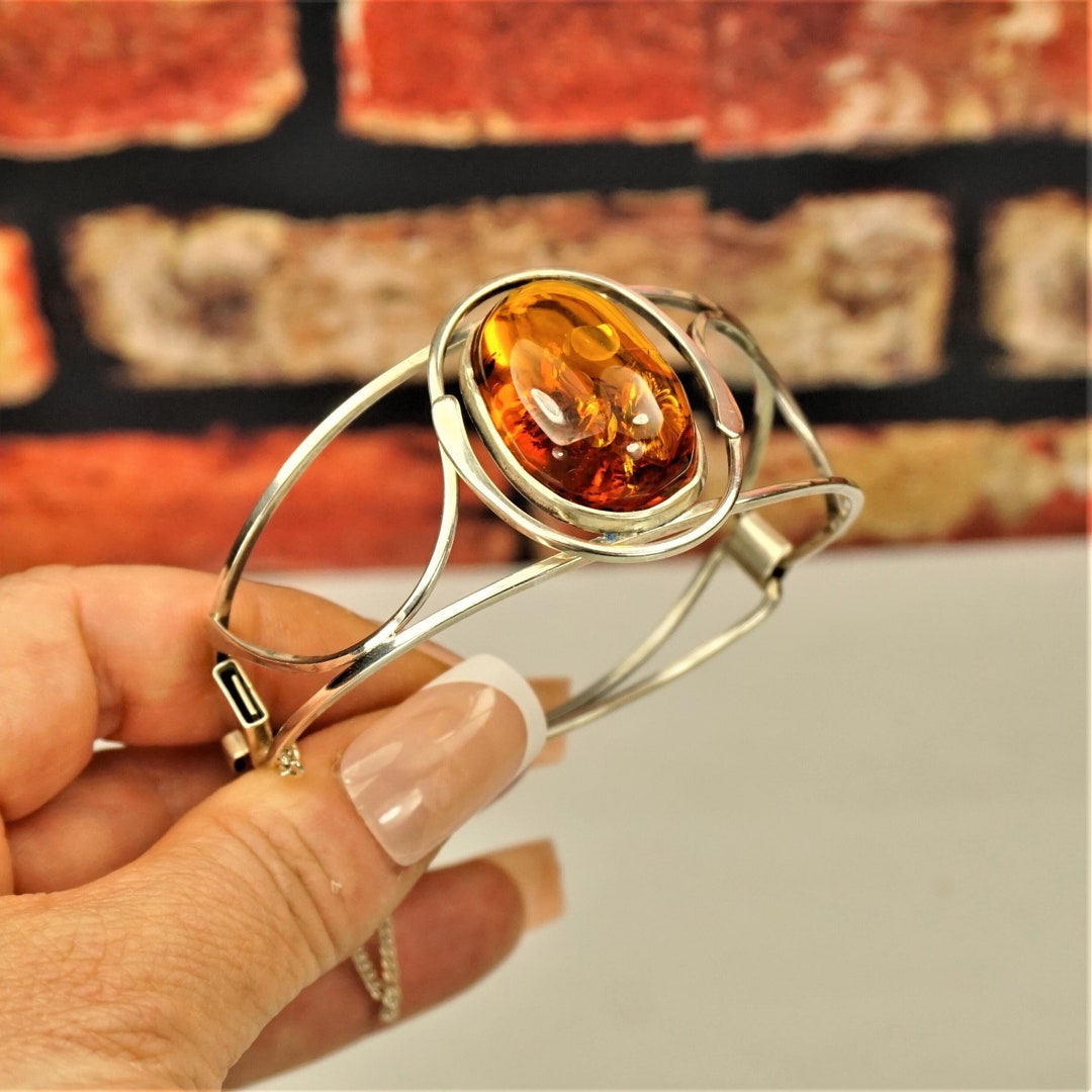 Baltic Honey Amber Bangle Bracelet: Modernist 925 Silver Cuff, Size 7 ...