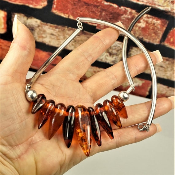 RARE AMBER NECKLACE, 925 Silver, Cognac Amber Choker,… - Gem
