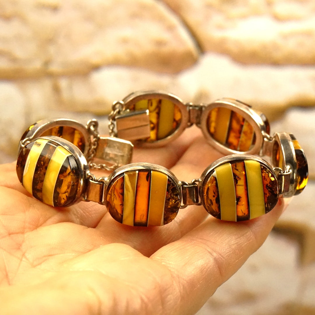 AMBER LINK BRACELET 925 Sterling Silver Multi Amber Inlay Polish ...