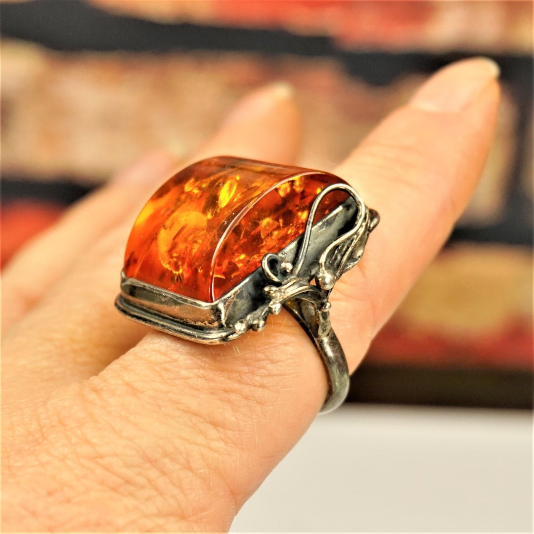 LARGE AMBER STERLING Ring Size 9, Rare Big Baltic Honey Amber 925 ...