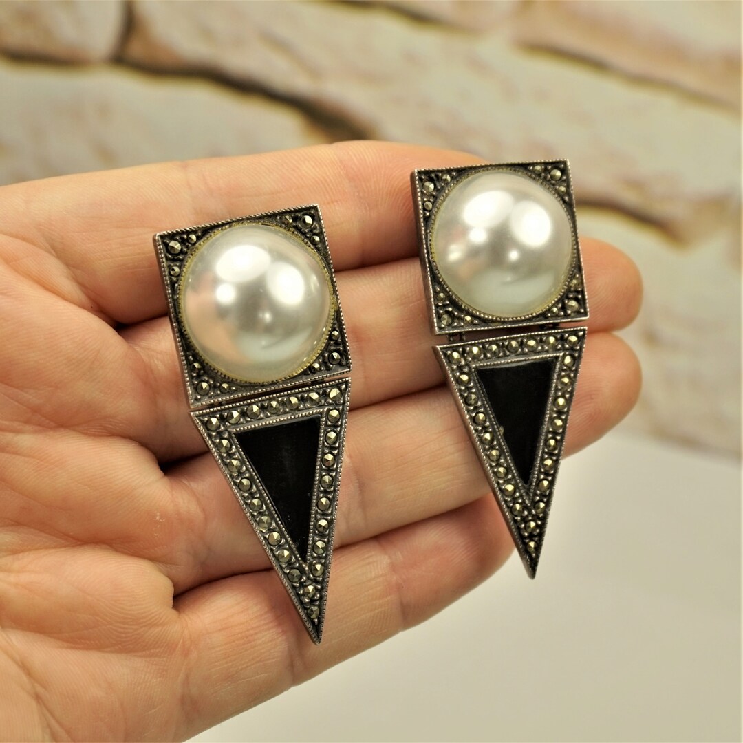 ONYX Marcasite Mabe Pearl STERLING EARRINGS, Black Onyx Hinged Heavy ...