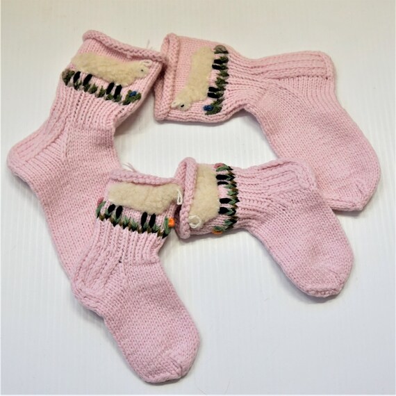 PINK PURE WOOL Knitted Socks For Girls With Sheep App… - Gem