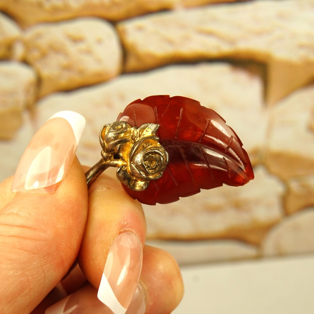 ANTIQUE AMBER BROOCH Rose Stem Decor Amber 925 Silver Pin Grandma ...