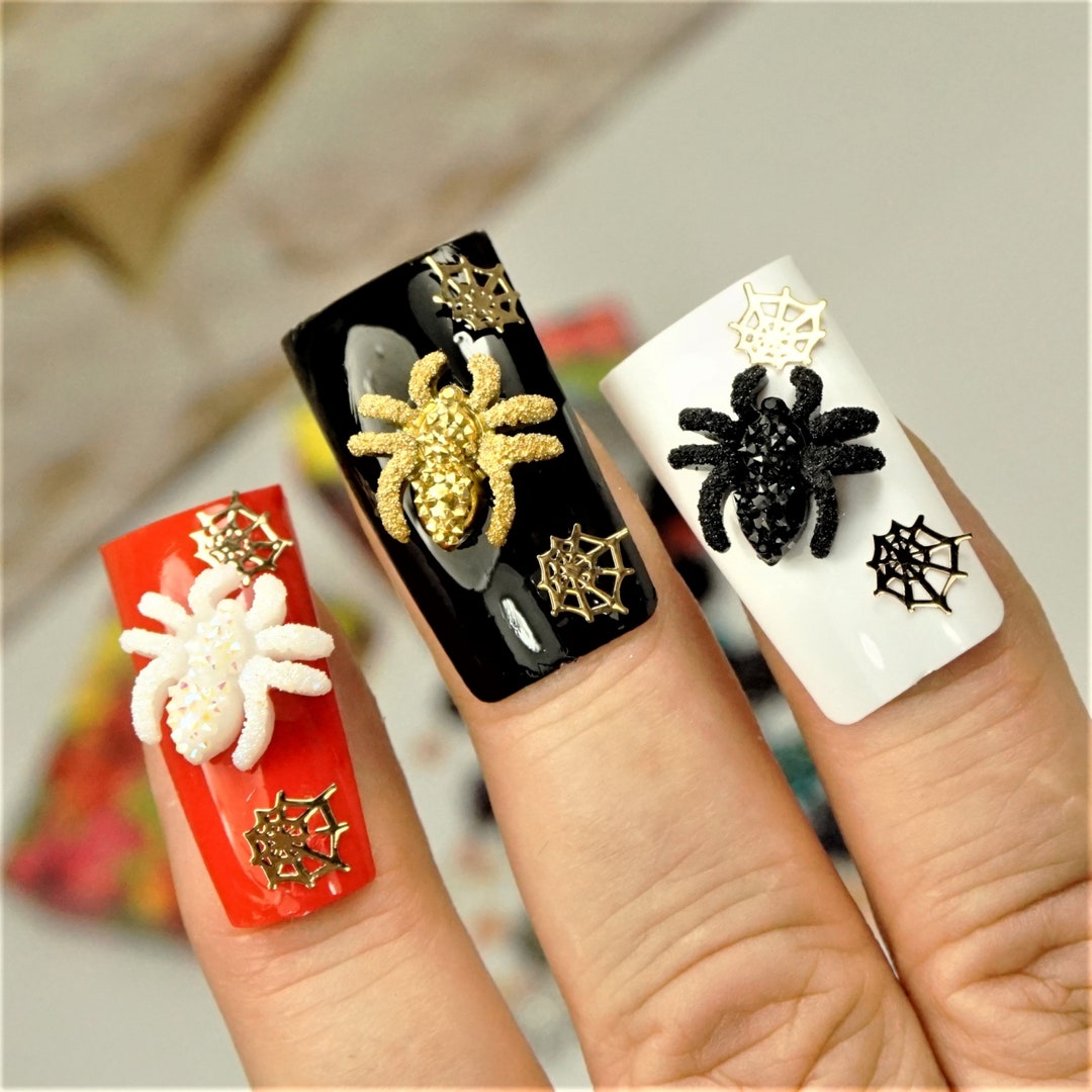 10 RHINESTONE SPIDERS Cabochons With Webs for HALLOWEEN Craft, 3D Nail ...
