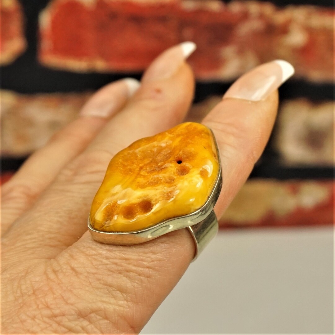 RAW BUTTERSCOTCH Big AMBER Sterling Ring 9.25 Untreated Egg - Etsy